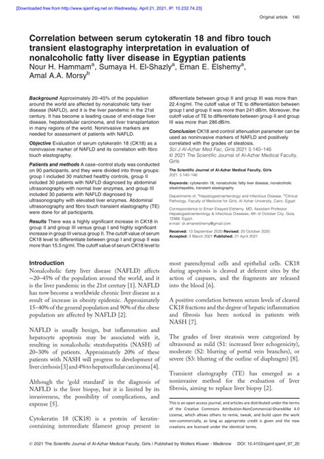 Pdf Correlation Between Serum Cytokeratin 18 And Fibro Touch