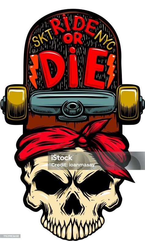 라 이드 또는 다이 스케이트 보드와 두개골 레이블 서명 핀 포스터 T 셔츠에 대 한 디자인 요소입니다 벡터 일러스트 스케이트보드 타기에 대한 스톡 벡터 아트 및 기타 이미지