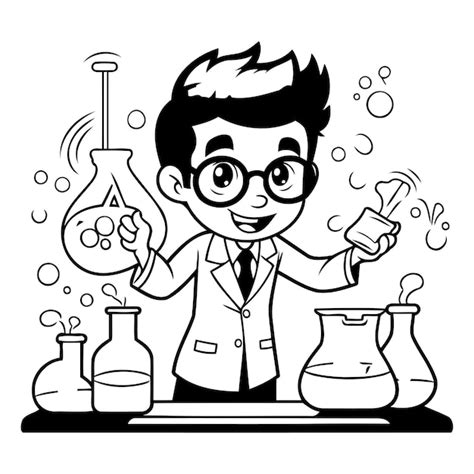 Científico Con Frascos En El Laboratorio Dibujo Animado Ilustración Vectorial Diseño Gráfico