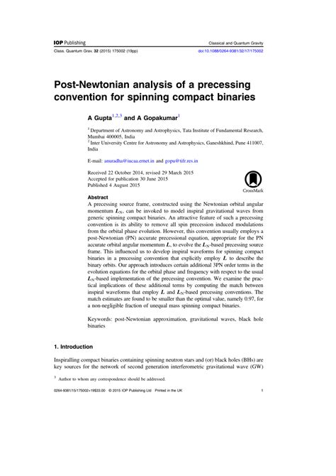 Post Newtonian Analysis Of A Precessing Convention For Spinning Compact Binaries Request Pdf
