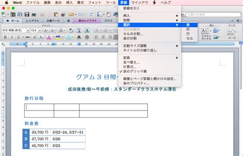 Word 2011：表の挿入と編集｜表全体を選択するには