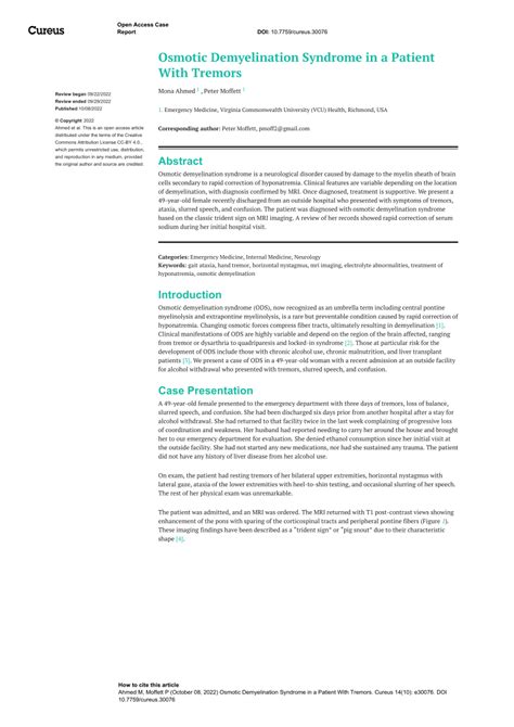 Pdf Osmotic Demyelination Syndrome In A Patient With Tremors