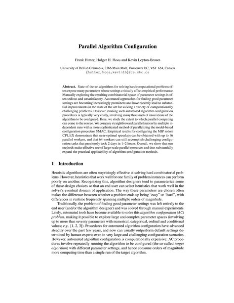 Parallel Algorithm Configuration Hoos And Kevin Leyton Brown