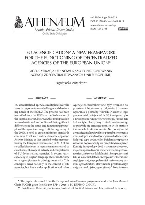 Pdf Eu Agencification A New Framework For The Functioning Of Decentralized Agencies Of The