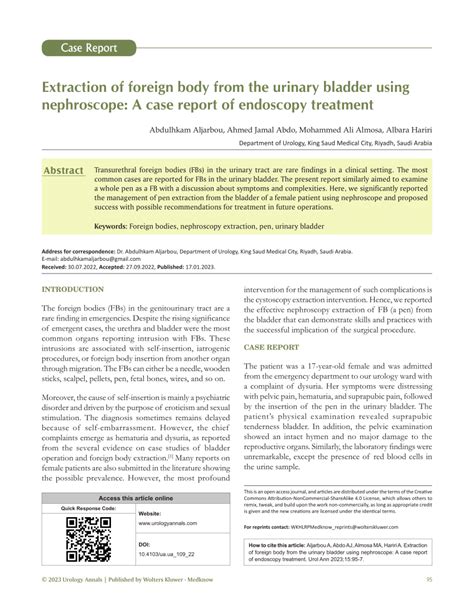 Pdf Extraction Of Foreign Body From The Urinary Bladder Using Nephroscope A Case Report Of