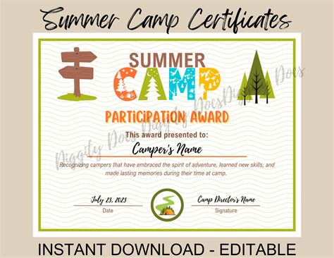 Editable Summer Camp Certificates Personalize And Celebrate Etsy