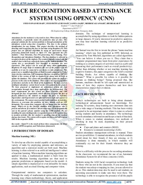 Pdf Face Recognition Based Attendance System Using Opencv Cnn