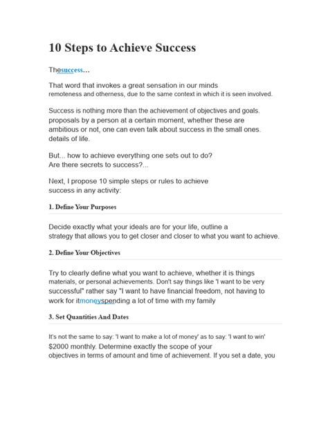 10 Steps To Achieve Success Pdf Thought Goal