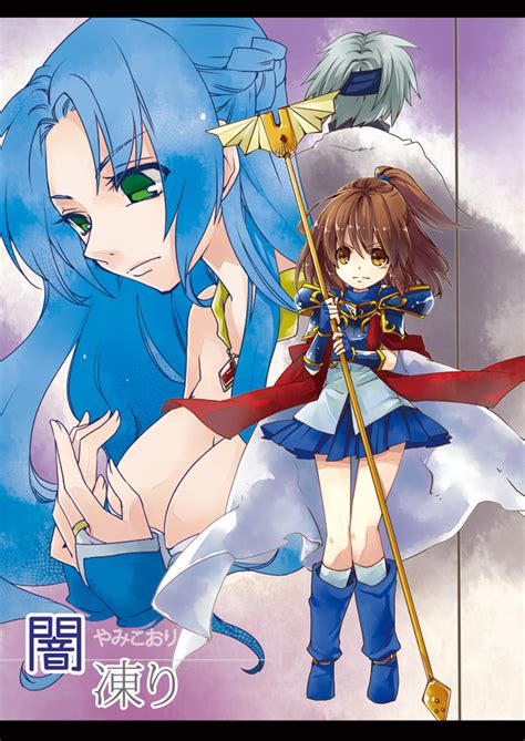 Safebooru 1boy 2girls Arle Nadja Armor Armored Dress Blue Hair Boots
