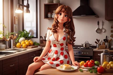 Premium Ai Image Beautiful Young Woman In The Kitchen Girl In A Dress