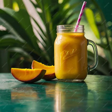 Premium Photo Fresh Mango Juice In A Glass Mason Jar And Mango On A