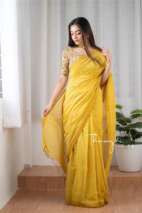 Butter Scotch Yellow Mangalagiri Plain Cotton Saree Cotton Saree