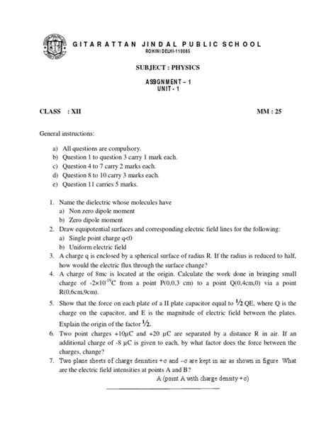 Class Xii Physics Assignment 1 Unit 1 Download Free Pdf Electric Charge Electric Field