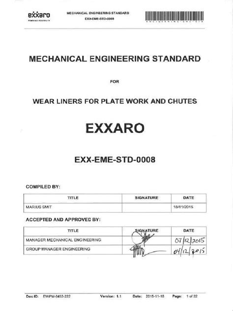 Exx Eme Std 0008 Wear Liners For Plate Work And Chutes Pdf