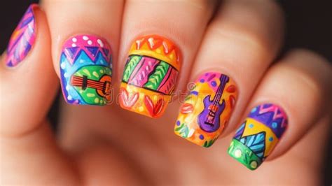 Colorful Mexican Inspired Nail Art With Vibrant Patterns And Guitar