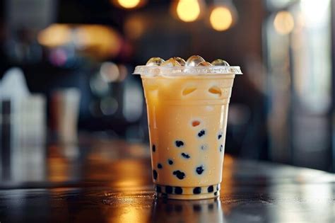 A Chilled Beige Bubble Tea Holding Dark Tapioca Pearls Premium Ai Generated Image