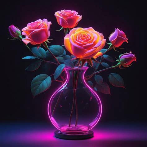 Neon Roses In Vase Premium Ai Generated Image