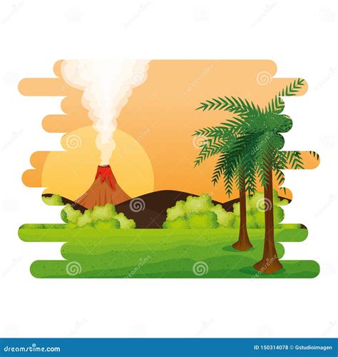 Jurassic Landscape With Smoking Volcano Scene Stock Illustration