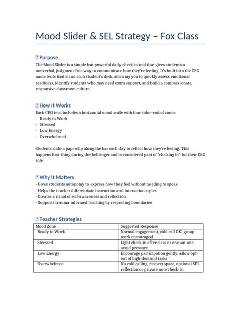 Fox Class Mood Slider And Sel Strategy Pdf