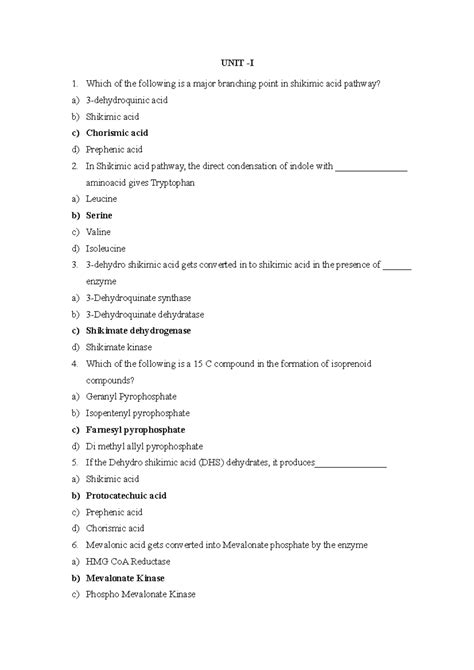 Mcqs On Metabolic Pathways Unit I Study Guide Course Code Gpat