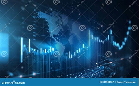 Digital World Map With Data Visualization And Stock Market Trends Displayed In Blue Tones Stock
