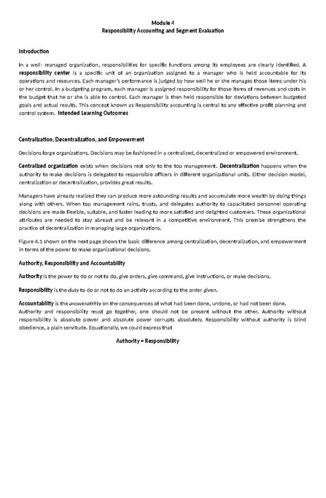 Responsibility Accounting And Segment Evaluation Module 4
