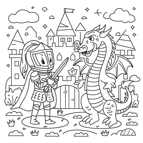 A Coloring Page With A Knight And Dragon 51079487 Vector Art At Vecteezy