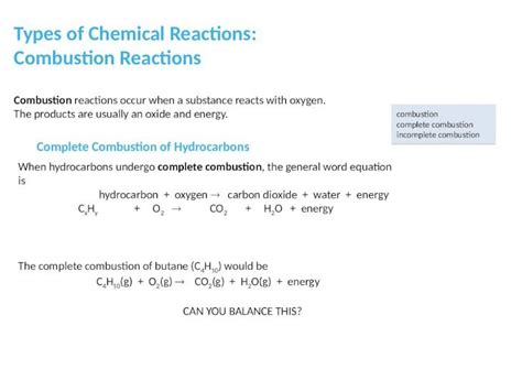 Pptx Types Of Chemical Reactions Combustion Reactions Combustion Complete Combustion