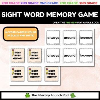 Second Grade Sight Word Memory Game Sight Word Centers Matching Game