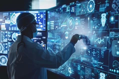 A Man Wearing A Lab Coat Is Gazing At A Big Screen Premium Ai