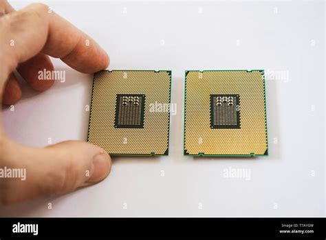 Man Hand Comparing Two New Powerful Workstation CPU Processors Before Service New Computer