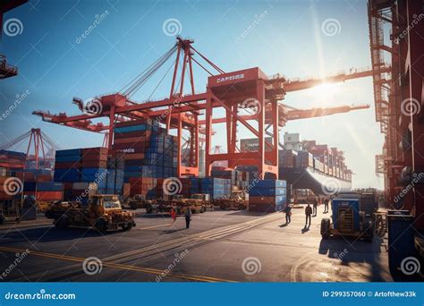 Container Vessels Are Loaded Or Unloaded At Container Terminals In The Evening Generative Ai