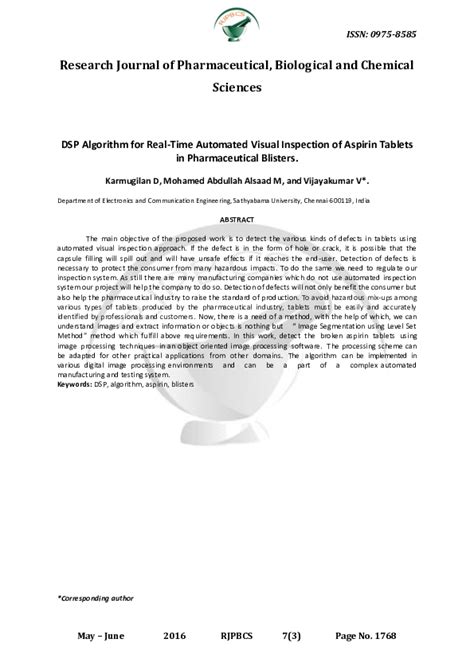 Pdf Dsp Algorithm For Real Time Automated Visual Inspection Of Aspirin Tablets In