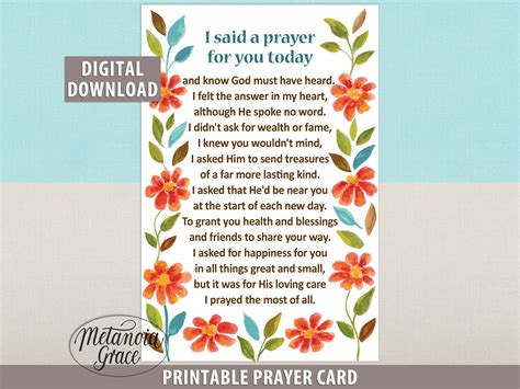 I Said A Prayer For You Today Printable Prayer Card For A Etsy Uk