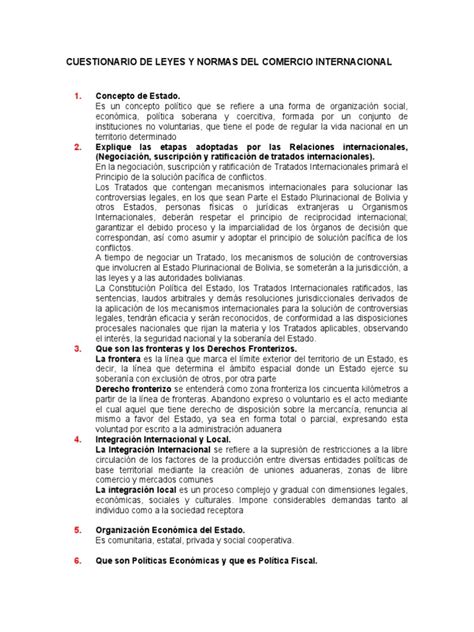 Cuestionario De Leyes Y Normas Del Comercio Internacional Pdf La