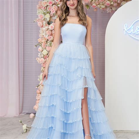 Braelyn Light Blue Strapless Layered Tulle Prom Dress With Sequins