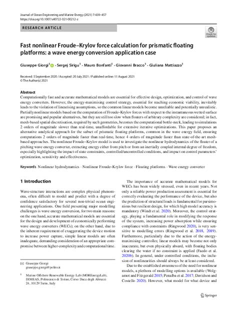 Pdf Fast Nonlinear Froude Krylov Force Calculation For Prismatic Floating Platforms A Wave