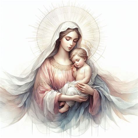 Sacred Pastel Embrace Watercolor Of Mary With Infant Jesus Stock