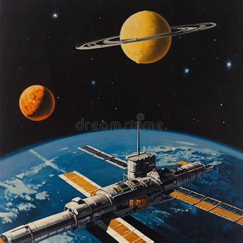 Futuristic Spaceship Orbiting Planets In Outer Space Stock Illustration