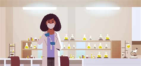 실험 화학 연구 과학 개념 현대 실험실 내부 수평 초상화를 만드는 시험관 아프리카 계 미국인 여성 과학자를 들고 여성 과학 연구원 검은색에 대한 스톡 벡터 아트 및 기타