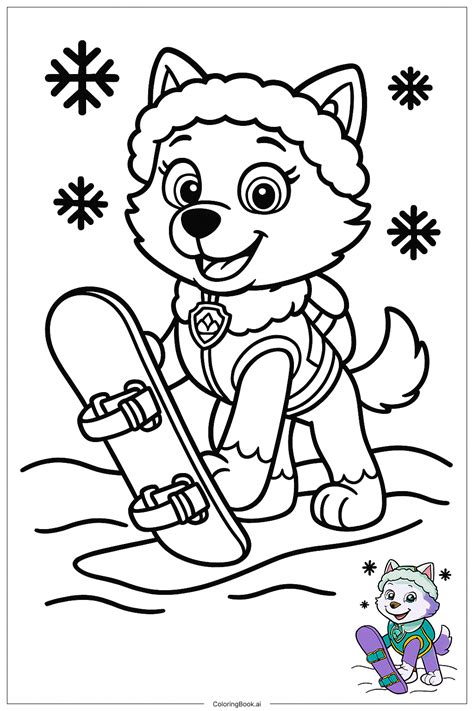 파우 패트롤 에베레스트와 스노우보드 색칠하기 페이지 무료 Pdfandpng 인쇄 가능