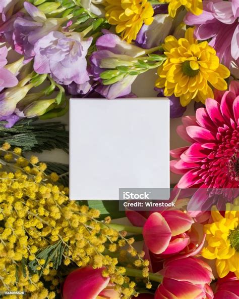 형형색색의 꽃으로 둘러싸인 빈 흰색 상자의 수직 평면도 0명에 대한 스톡 사진 및 기타 이미지 0명 공란 꽃 식물 Istock
