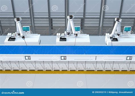 Automation Industry Concept With Robot Assembly Line In Factory Stock Illustration