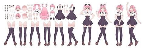 애니메이션 여자 캐릭터 키트 다양한 얼굴 감정손과 다리 위치 헤어 스타일 가와이 아시아 십대 코스프레 옷 벡터 만화 여성 만화