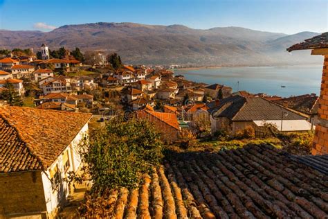 Ohrid North Macedonia Houses On The Street In The Historic Center Of
