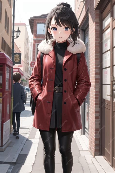 Premium Ai Image A Girl In A Red Leather Jacket Stands On A Street