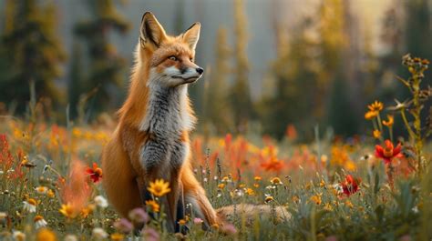Free Fox In Field Image Fox Field Flowers Download At Stockcake