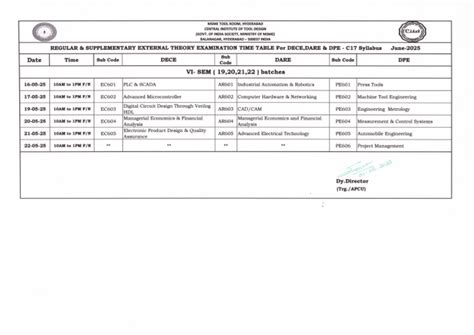 External Theory Examination Time Table Regular And Supplementary For Dece