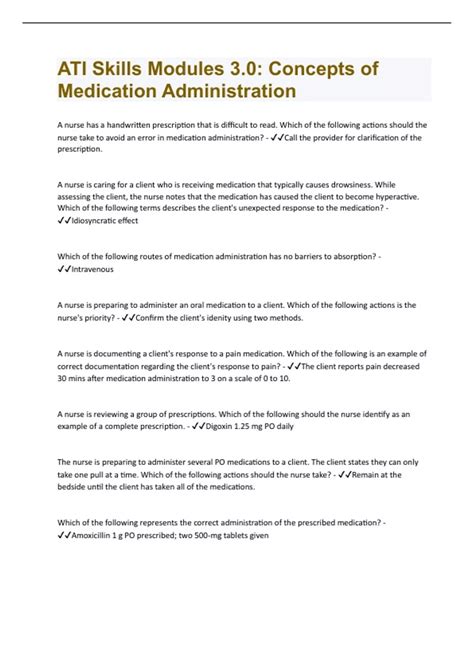 Ati Skills Modules 3 0 Concepts Of Medication Administration Questions And Answers A Solution