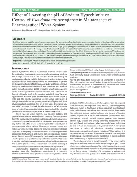 Pdf Effect Of Lowering The Ph Of Sodium Hypochlorite On Control Of Pseudomonas Aeruginosa In